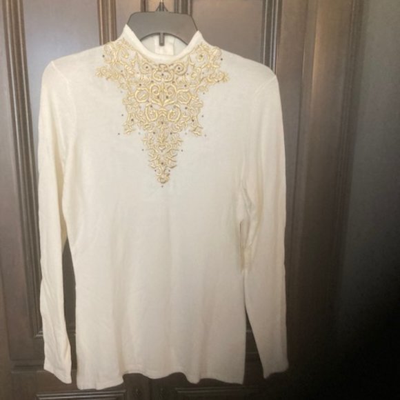 Reba | Sweaters | Reba Ivory Gold Embroidered Rhinestone Long Sleeve ...